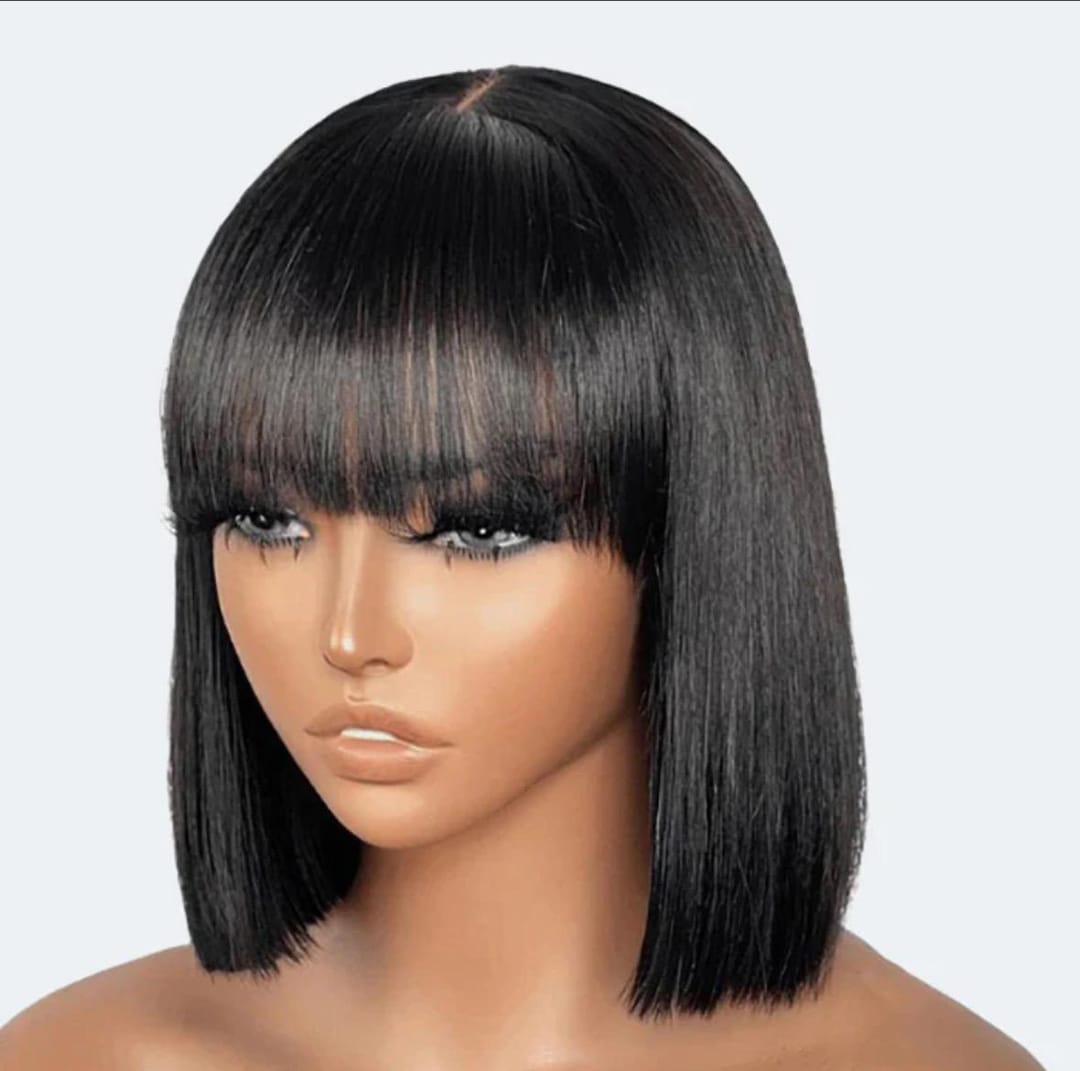 12” Inch Realistic Yaki Straight Bob With Bangs 2x1 Minimalist Lace Wig ...