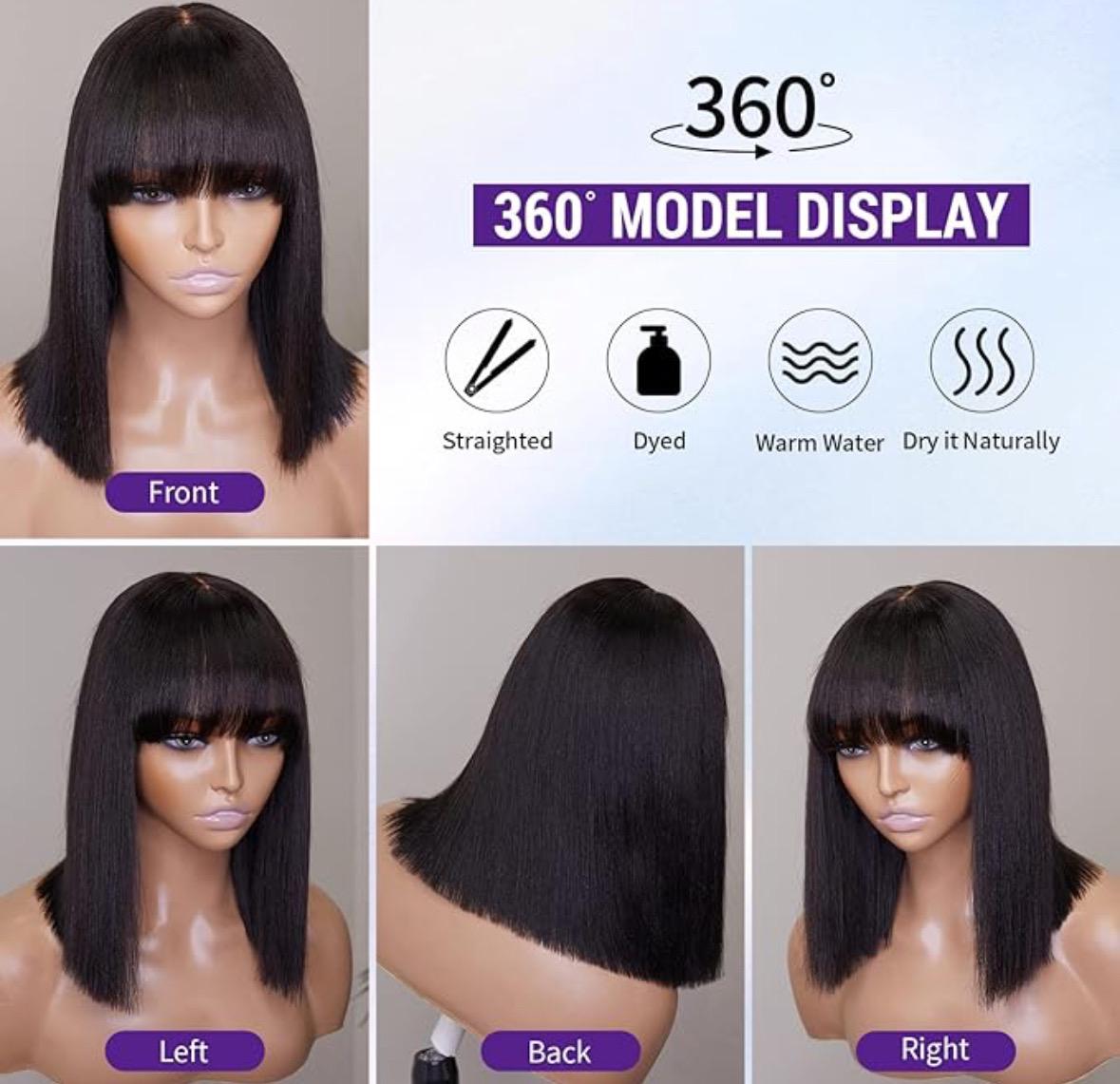 12” Inch Realistic Yaki Straight Bob With Bangs 2x1 Minimalist Lace Wig ...