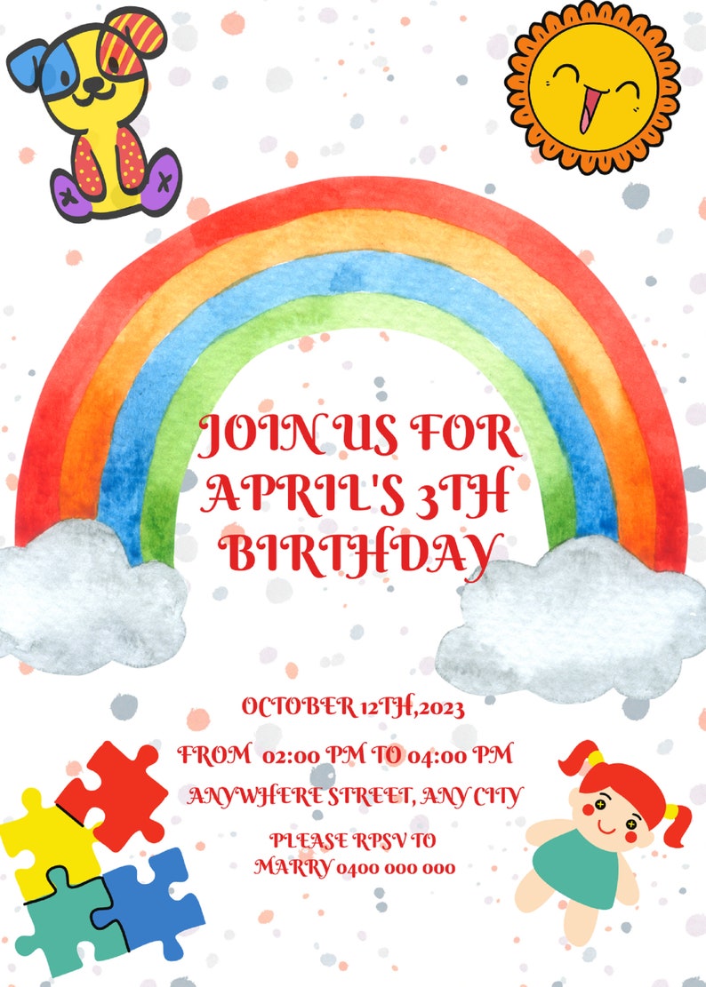 Editable Rainbow Birthday Invitation Card Printable Editable in ...