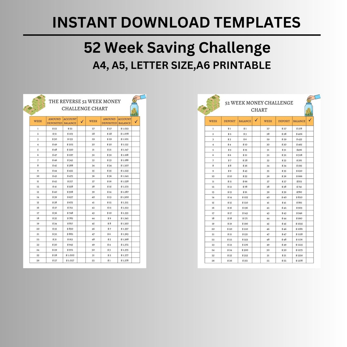 52 Week Money Saving Challenge Tracker Printable One Page Planner for 2 ...
