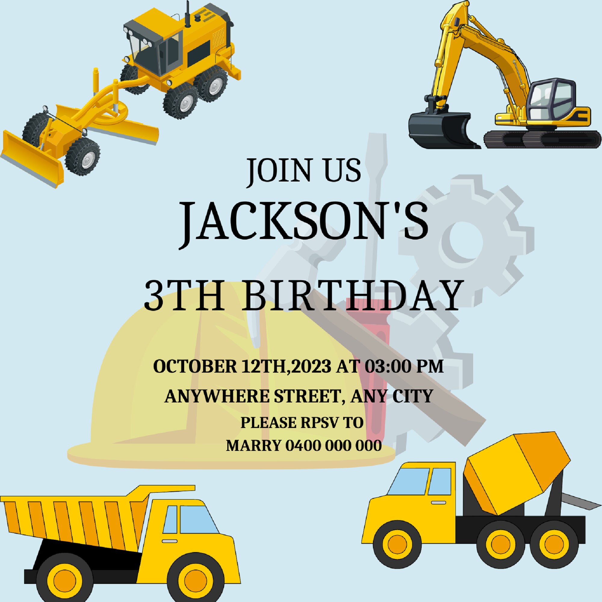 Construction Birthday Invitation Cardprint Invite Templateeditable