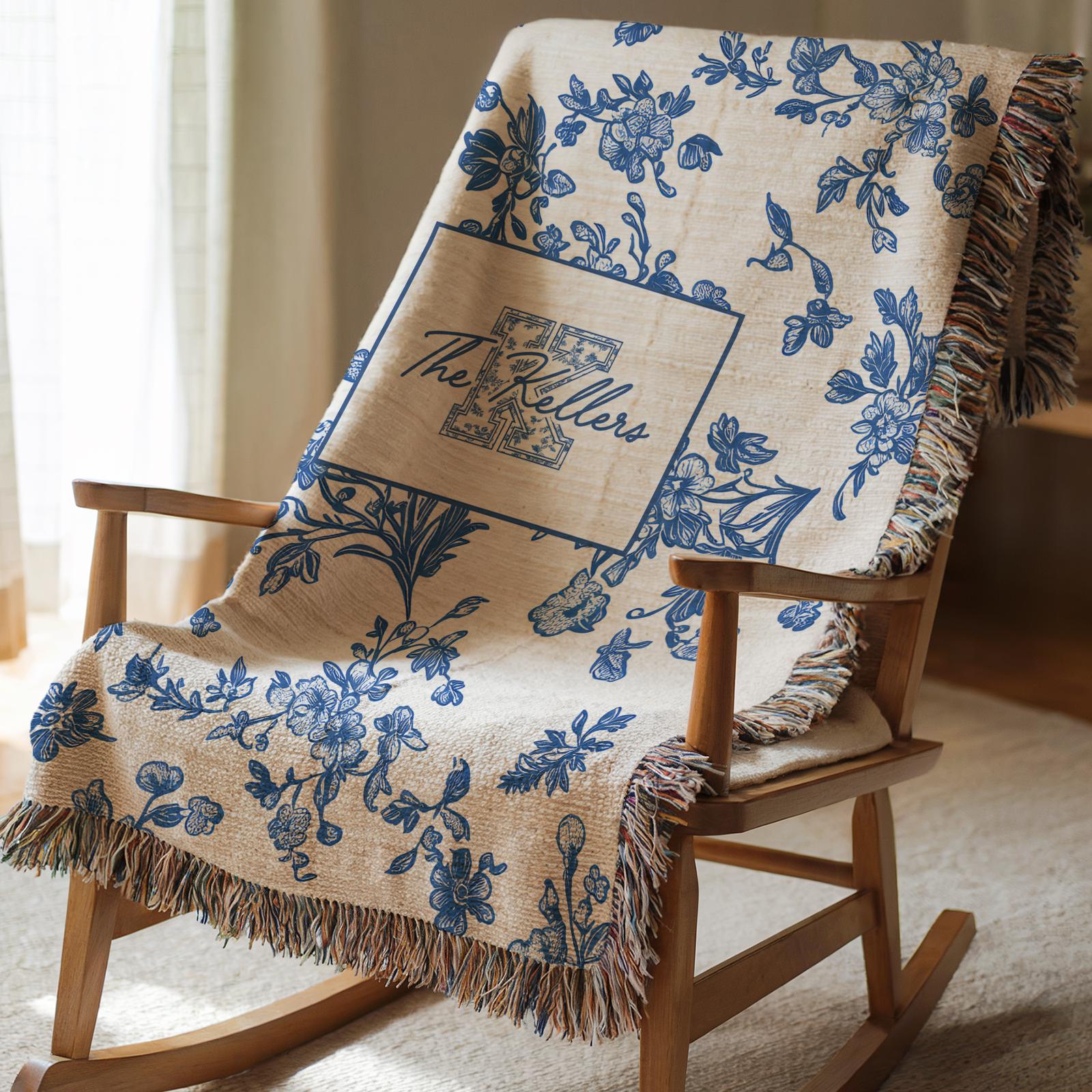 Toile Monogram Blanket Personalized Woven Throw, Last Name Blue Floral ...