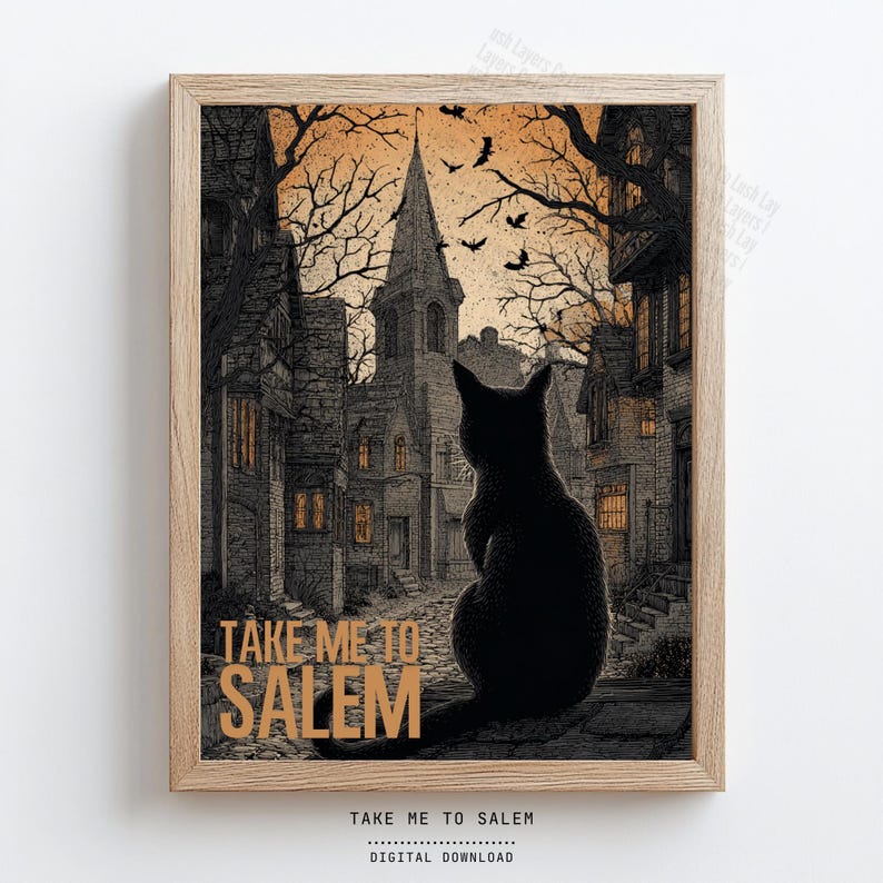 Salem Halloween Print: Black Cat & Witchy Town (digital Download) - Etsy