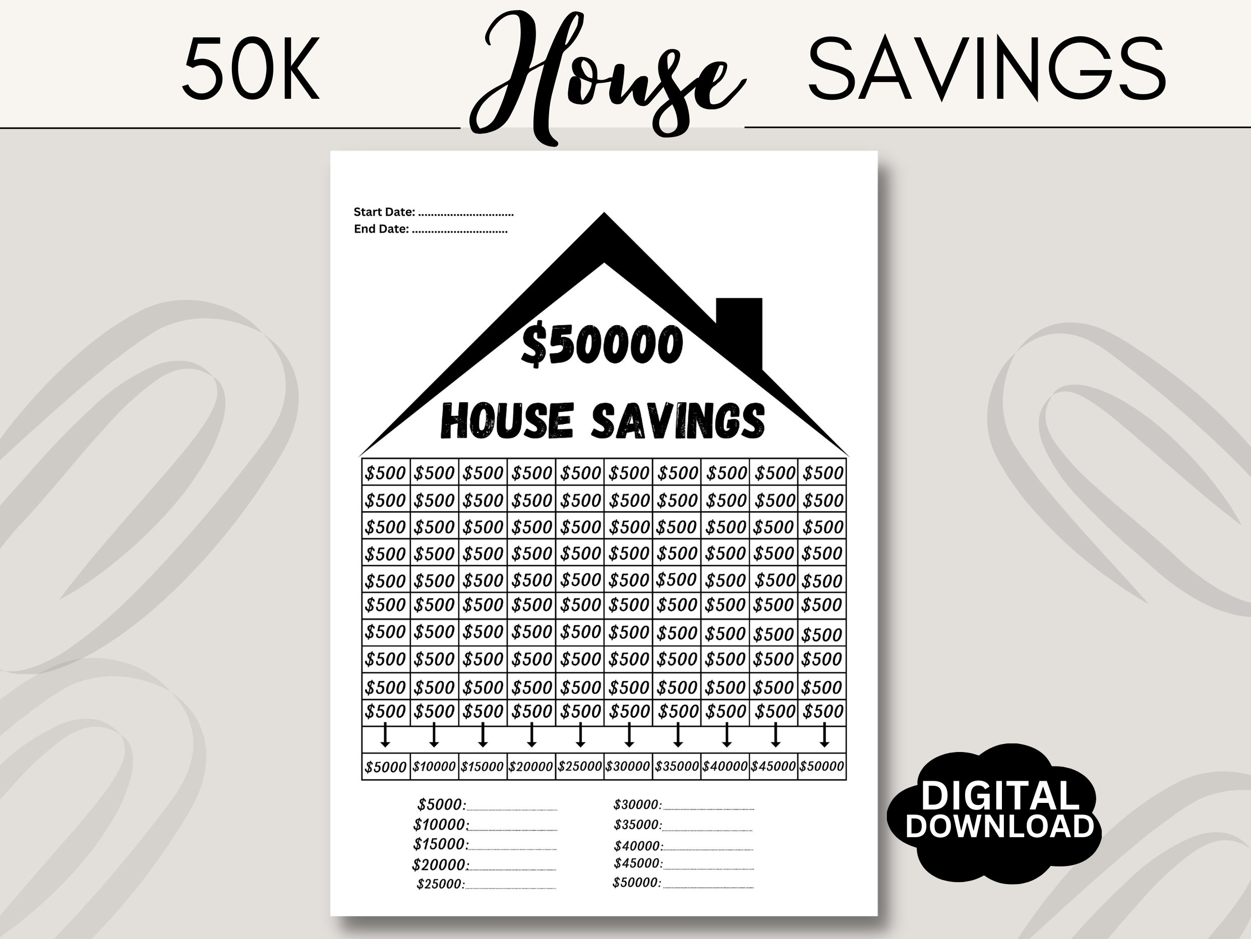 50k Savings Tracker, Printable, Savings Goal, Savings Challenge, 50,000 ...
