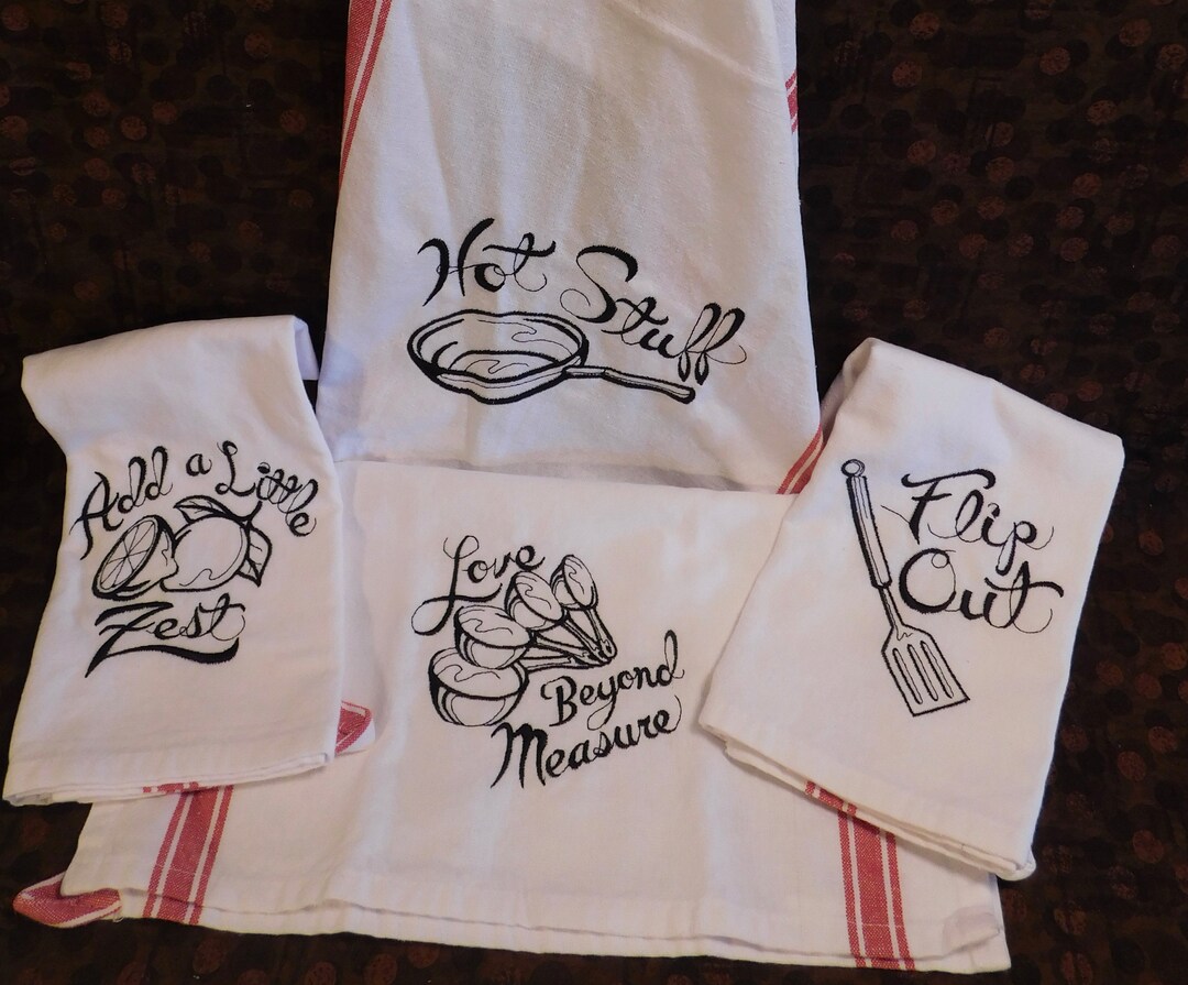 12 Different Kitchen Towels With Fun Wordage Embroidered in Black. - Etsy