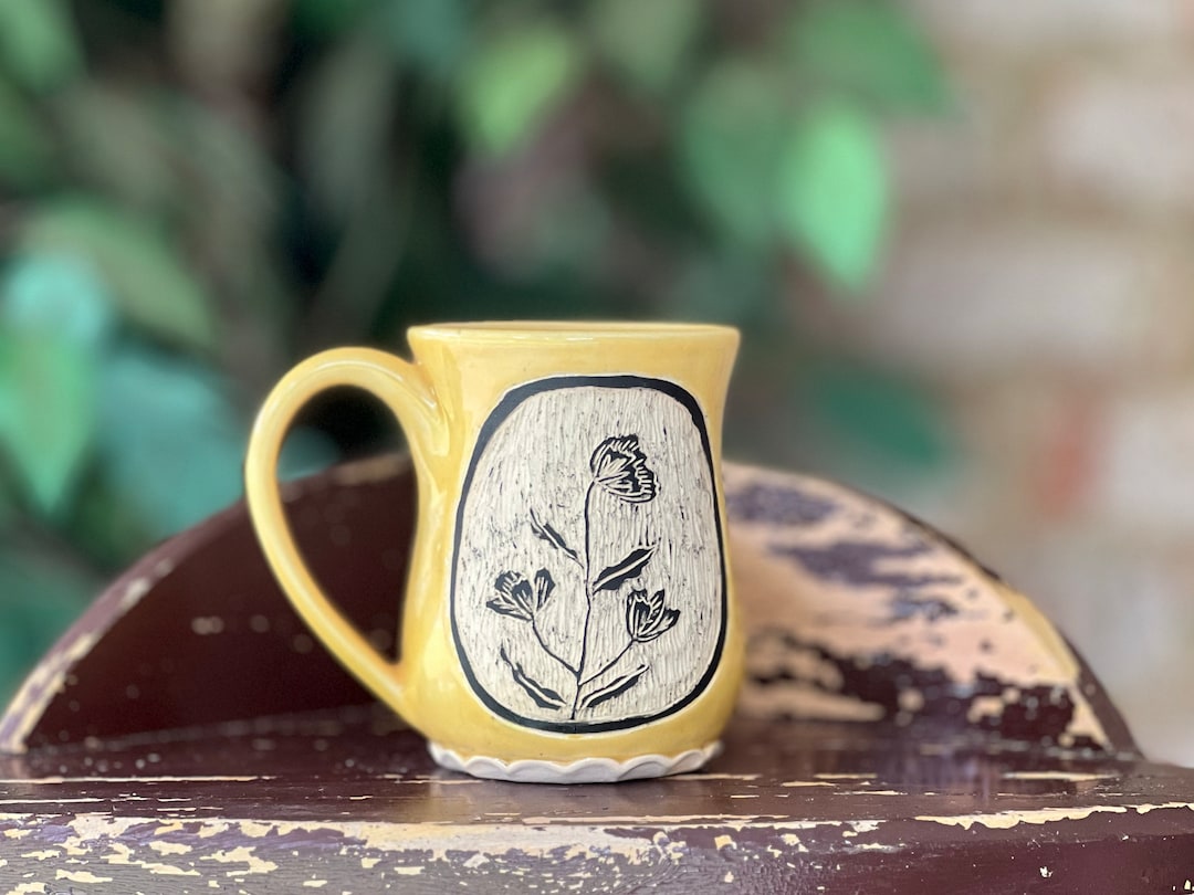 9oz Sgraffito Yellow Poppy Stoneware Mug - Etsy