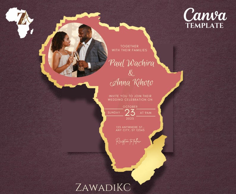 African Map Invitation, African Map Rose Gold Invite, African ...