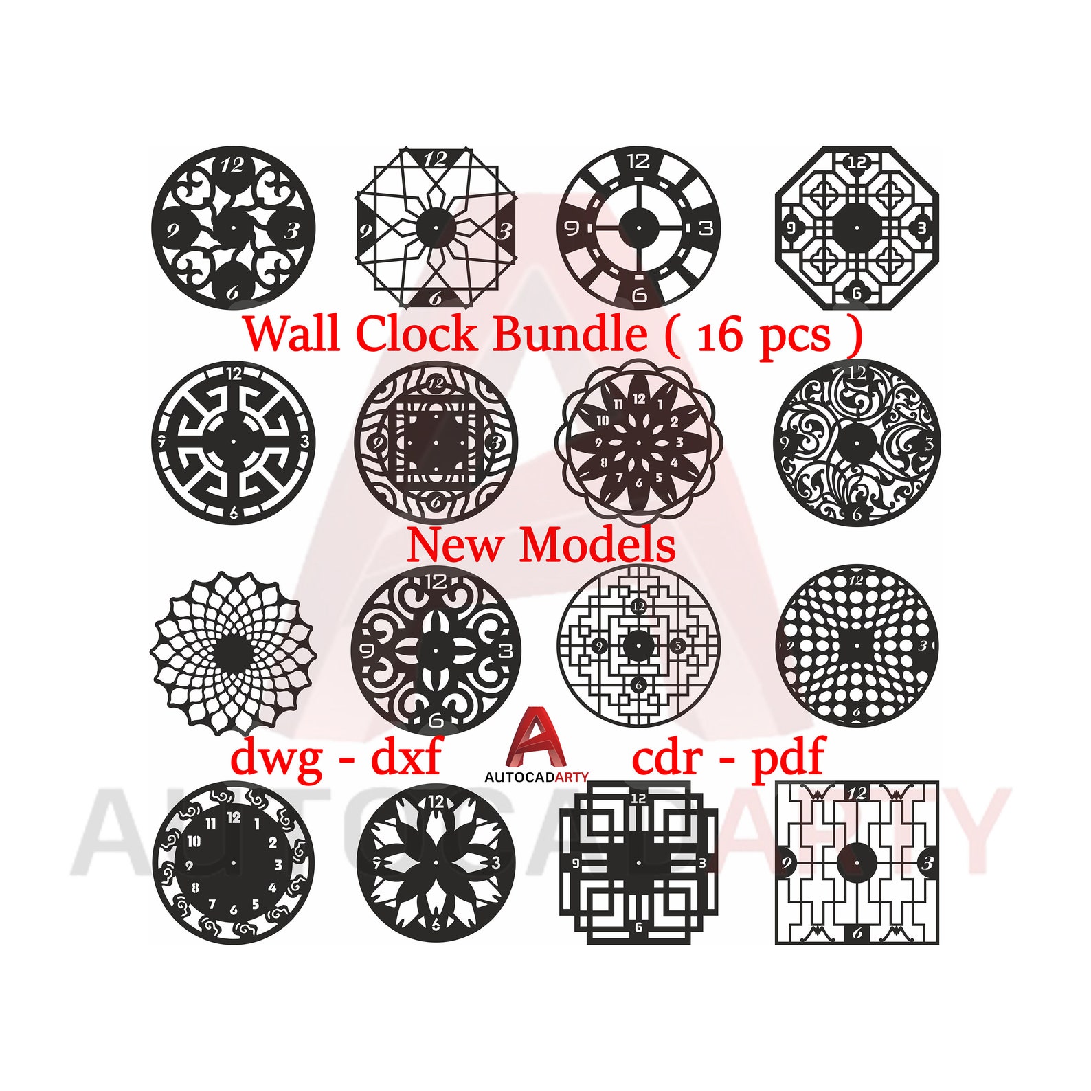 Wall Clock Bundle ( 16 Pcs ) High Quality Vector Drawing File for Laser ...