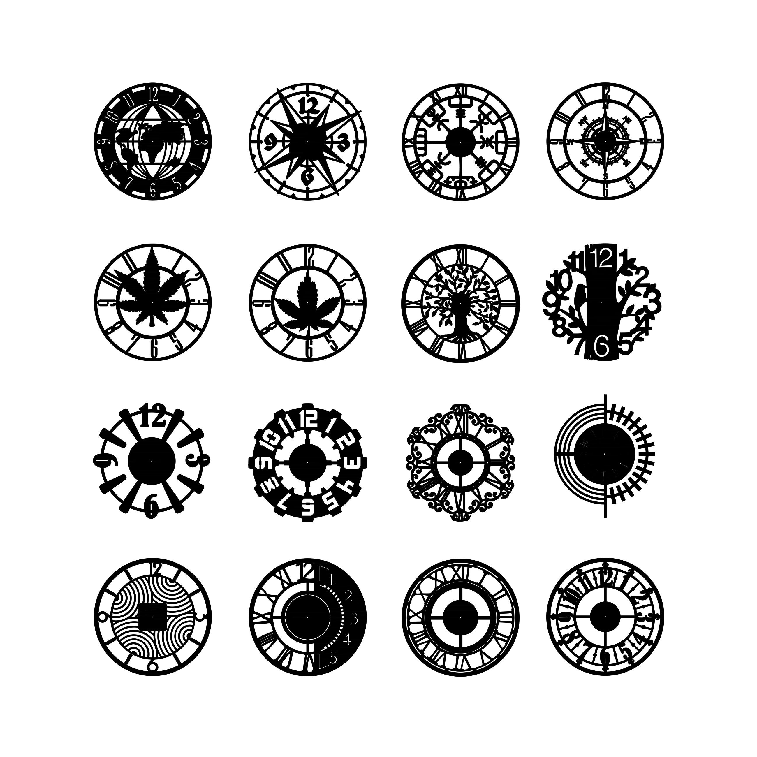 Wall Clock Bundle ( 16 Pcs ) High Quality Vector Drawing File for Laser ...