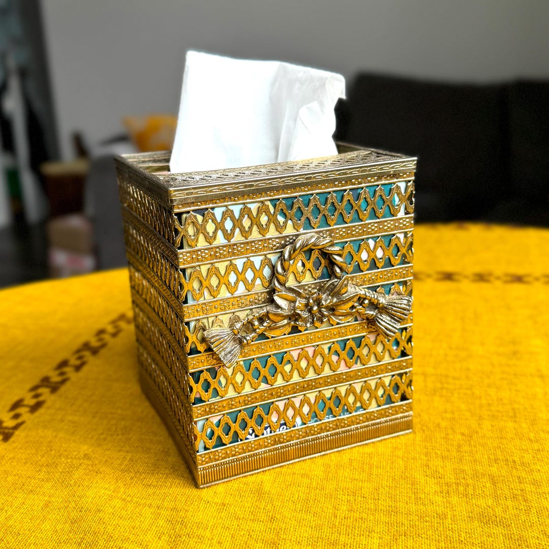 Vintage Brass Filigree Square Tissue Box Floral Brocade Tissue Holder ...