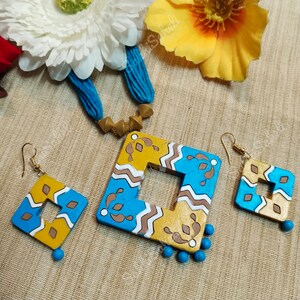Terracotta Jewelry Set With Pendent Necklace Earrings | Hand Painted ...