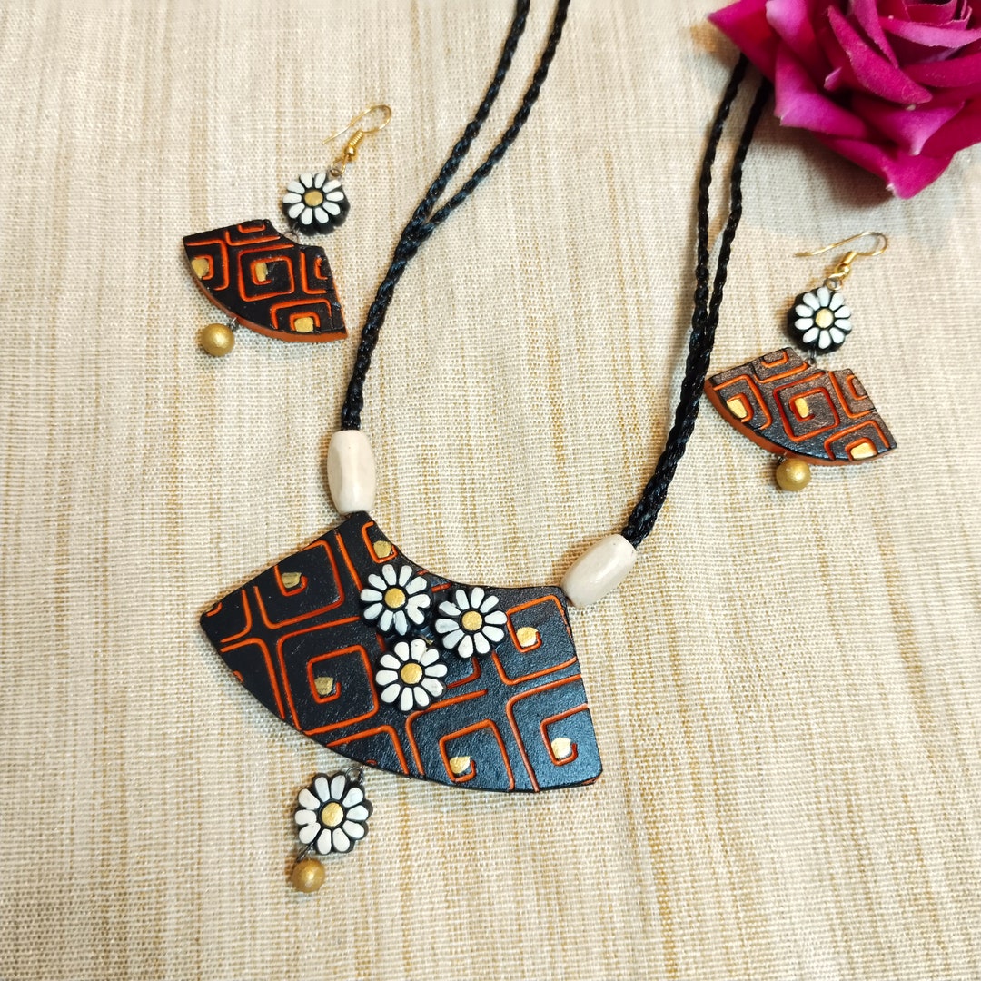 Terracotta Jewelry Set With Pendent Necklace Earrings | Clay Jewelry ...