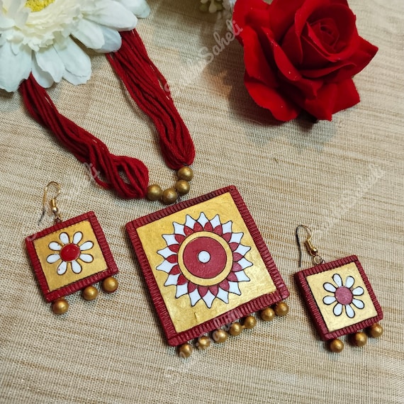 Handpainted Terracotta Jewelry Set With Pendent Necklace Earrings Clay Jewelry Organic Handmade Eco Friendly Jewellery Set for Women Etsy