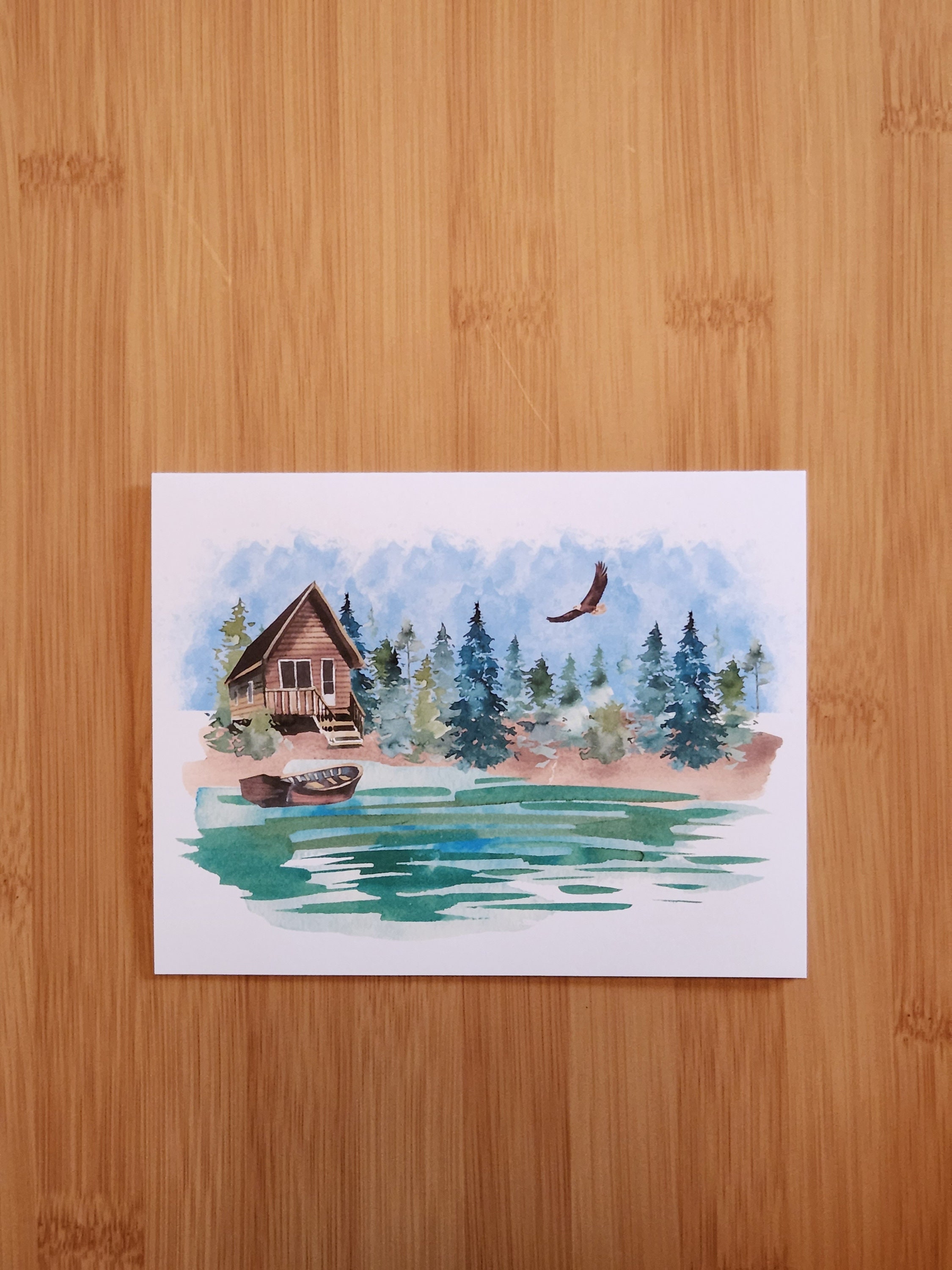 Lake Cabin Greeting Cards, Forest Scenery Greeting Cards, Watercolor ...