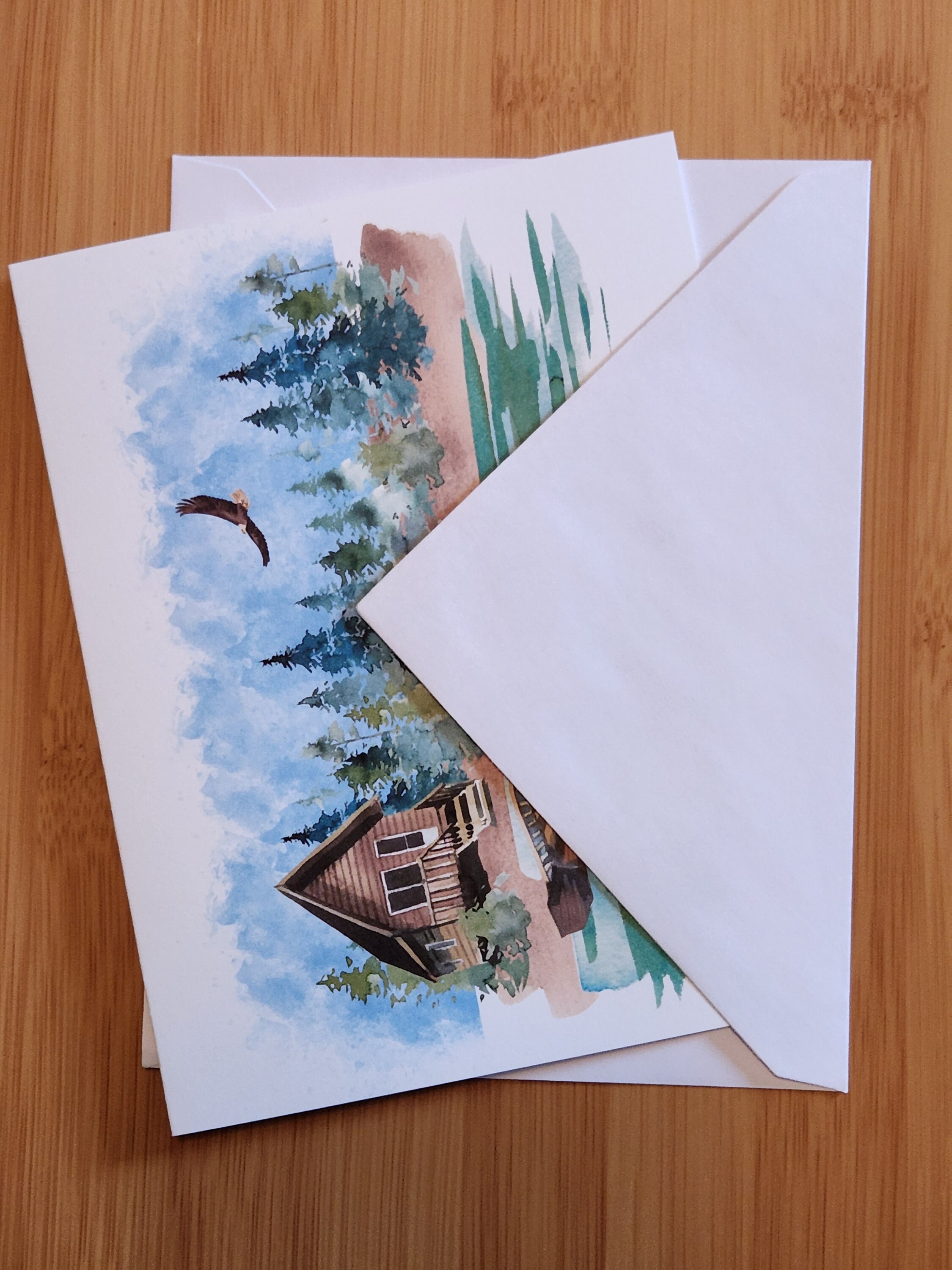 Lake Cabin Greeting Cards, Forest Scenery Greeting Cards, Watercolor ...