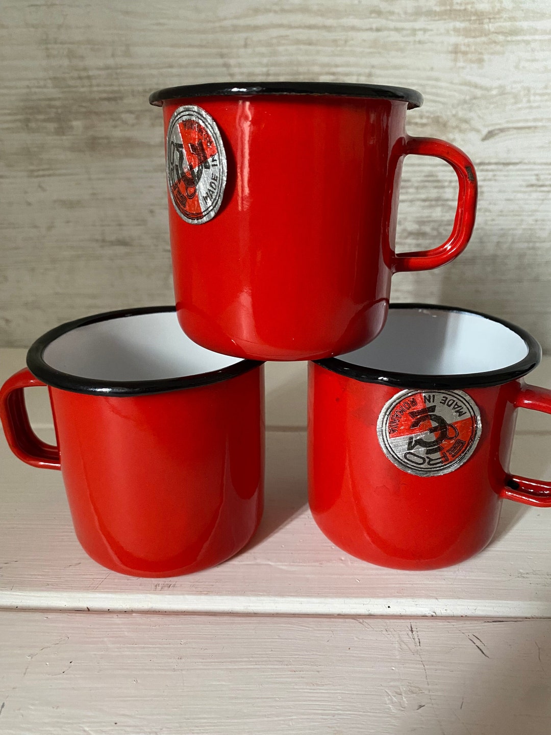Vintage Red Enamel Mug Trio, Red Enamel Coffee Mugs in Unused Condition ...