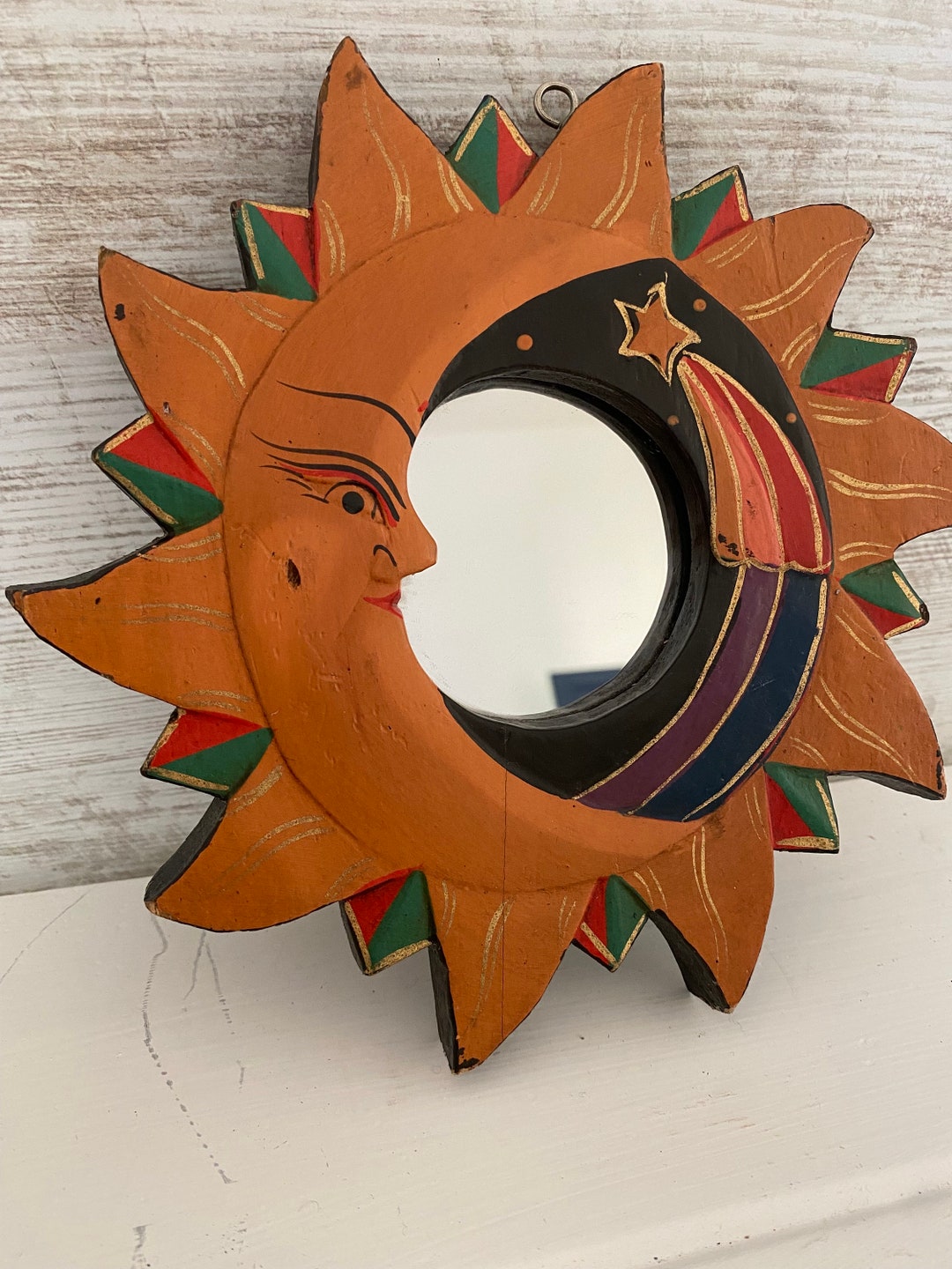 Fun Original 1990s Sun and Moon Zodiac Mirror, Carved Wooden Frame, 90s ...