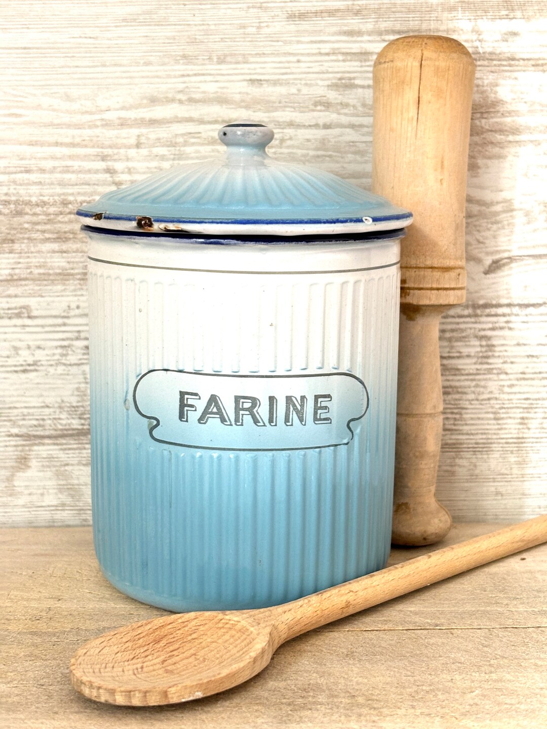 Antique French Enamel Farine Canister – BB Frères Flour Jar, Blue Ombre ...