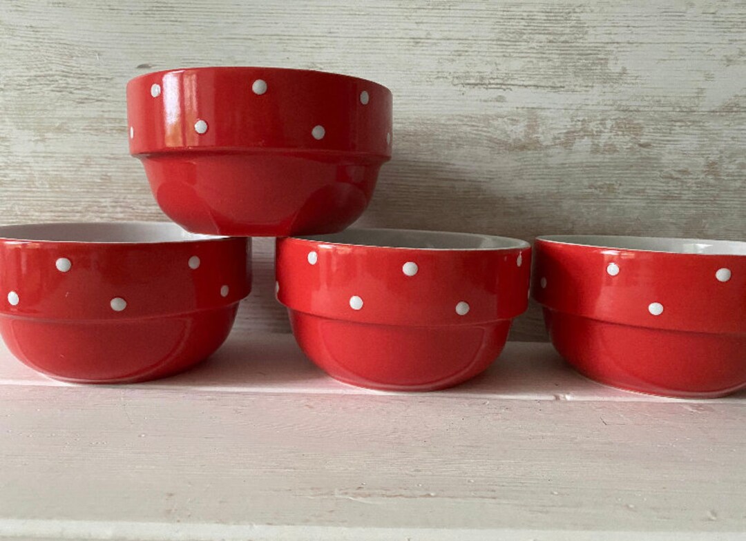 Vintage Ceramic Breakfast Bowls, Red and White Spotty Bowls, Fabulous ...