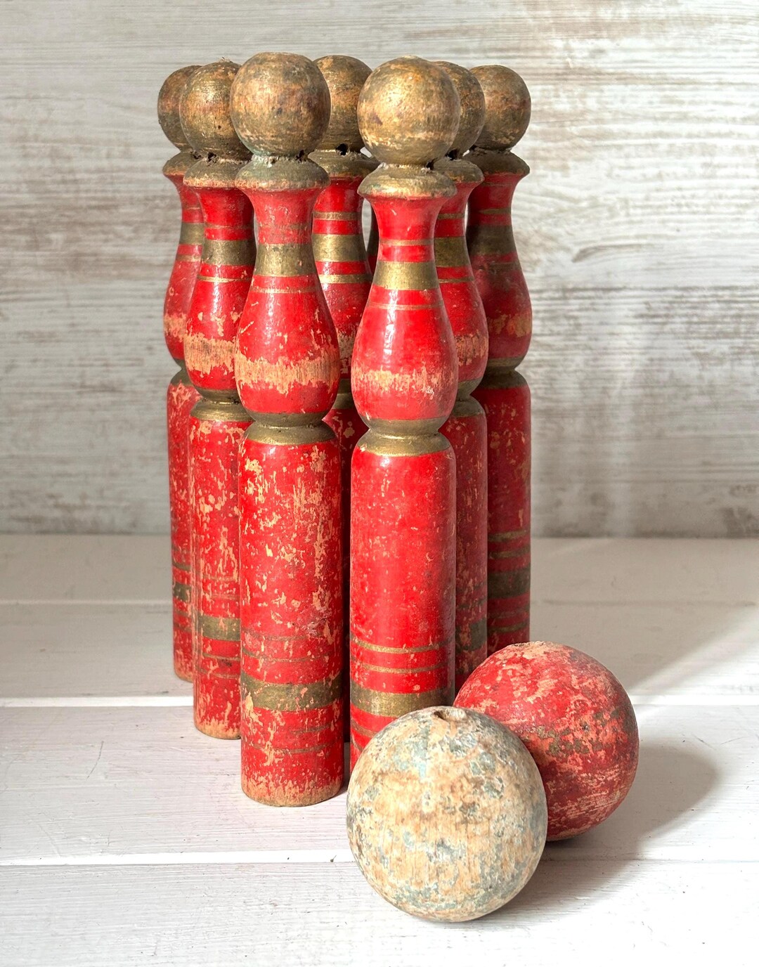 Vintage French Wooden Skittle Set: Red & Gold Time Worn Decor - Etsy