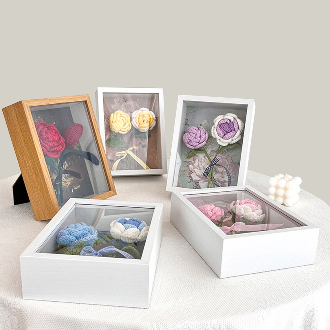 Crochet Mixed Flowers Bouquet in Picture Frame Handmade - Etsy