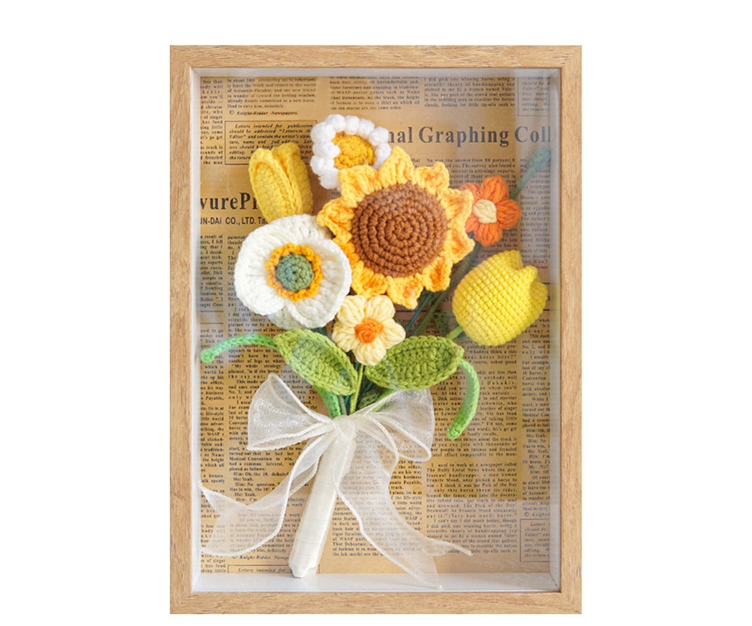 Crochet Mixed Flowers Bouquet in Picture Frame, Handmade Knitted ...