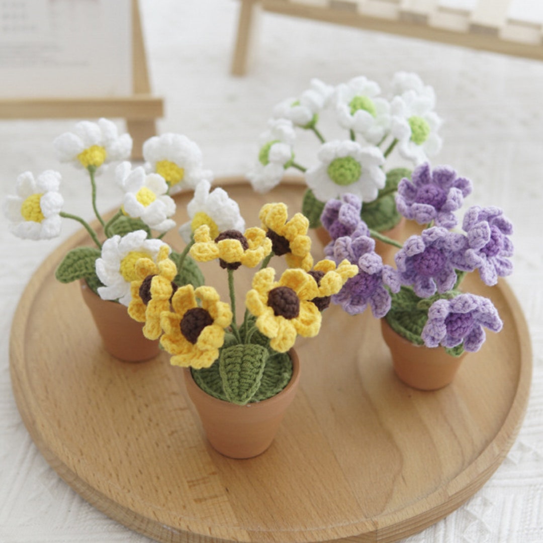 Mini Crochet Daisy Flower Pot, Finished Crochet Flowers Pot, Crocheted ...