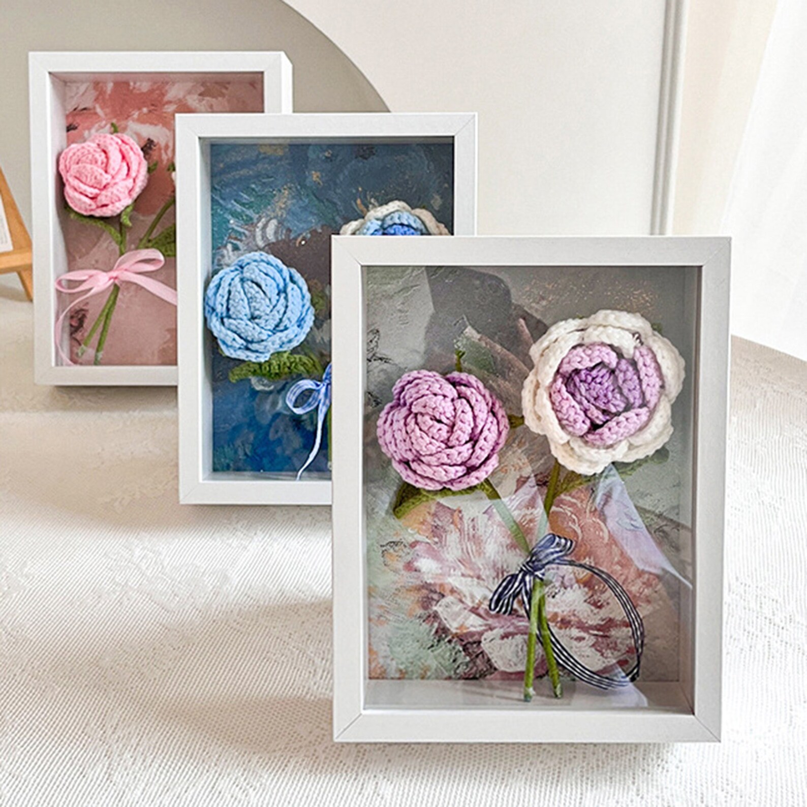 Crochet Mixed Flowers Bouquet in Picture Frame Handmade - Etsy