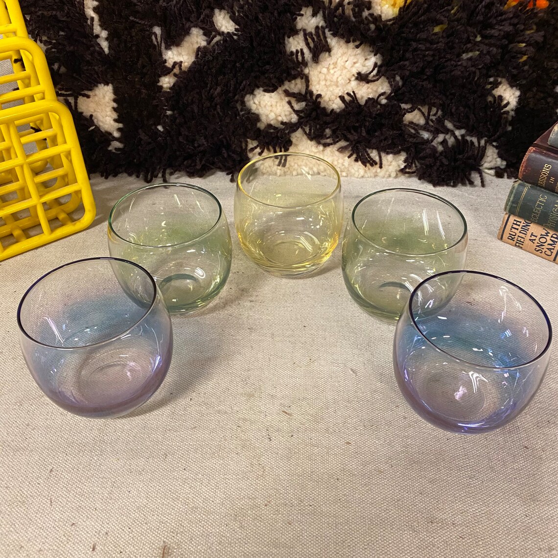 Five Vintage MCM Federal Fine Blown Colored Roly Poly Cocktail Glasses ...