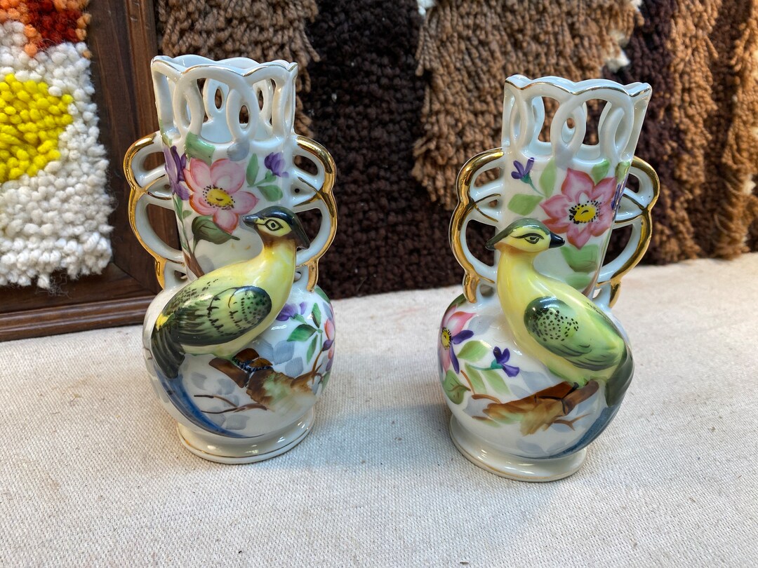 Pair of Vintage Hand Painted Porcelain Pheasant Vases From Occupied ...