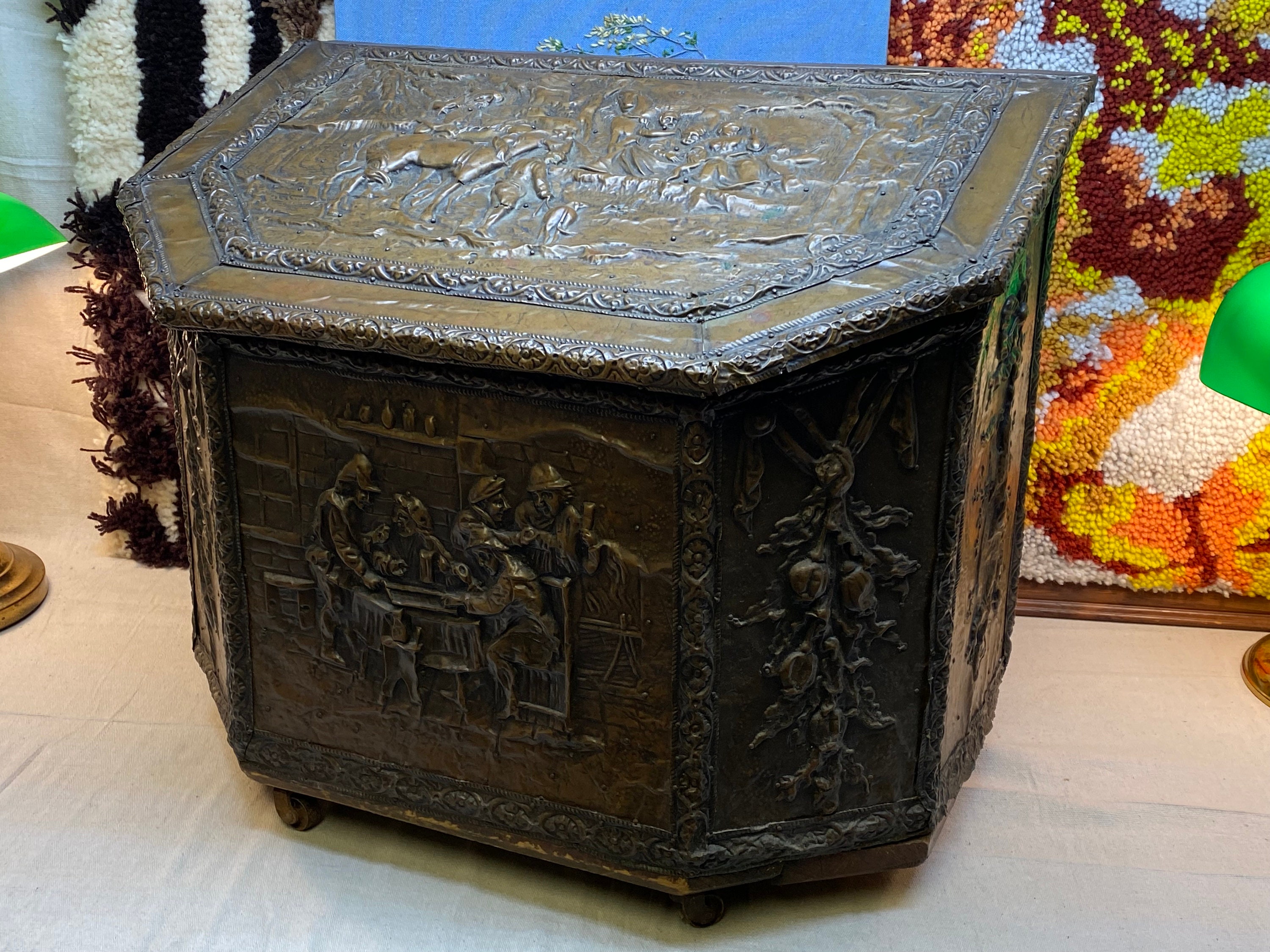 Antique 1800s Firewood/coal Bin With Brass Repousse Pub Scene - Etsy