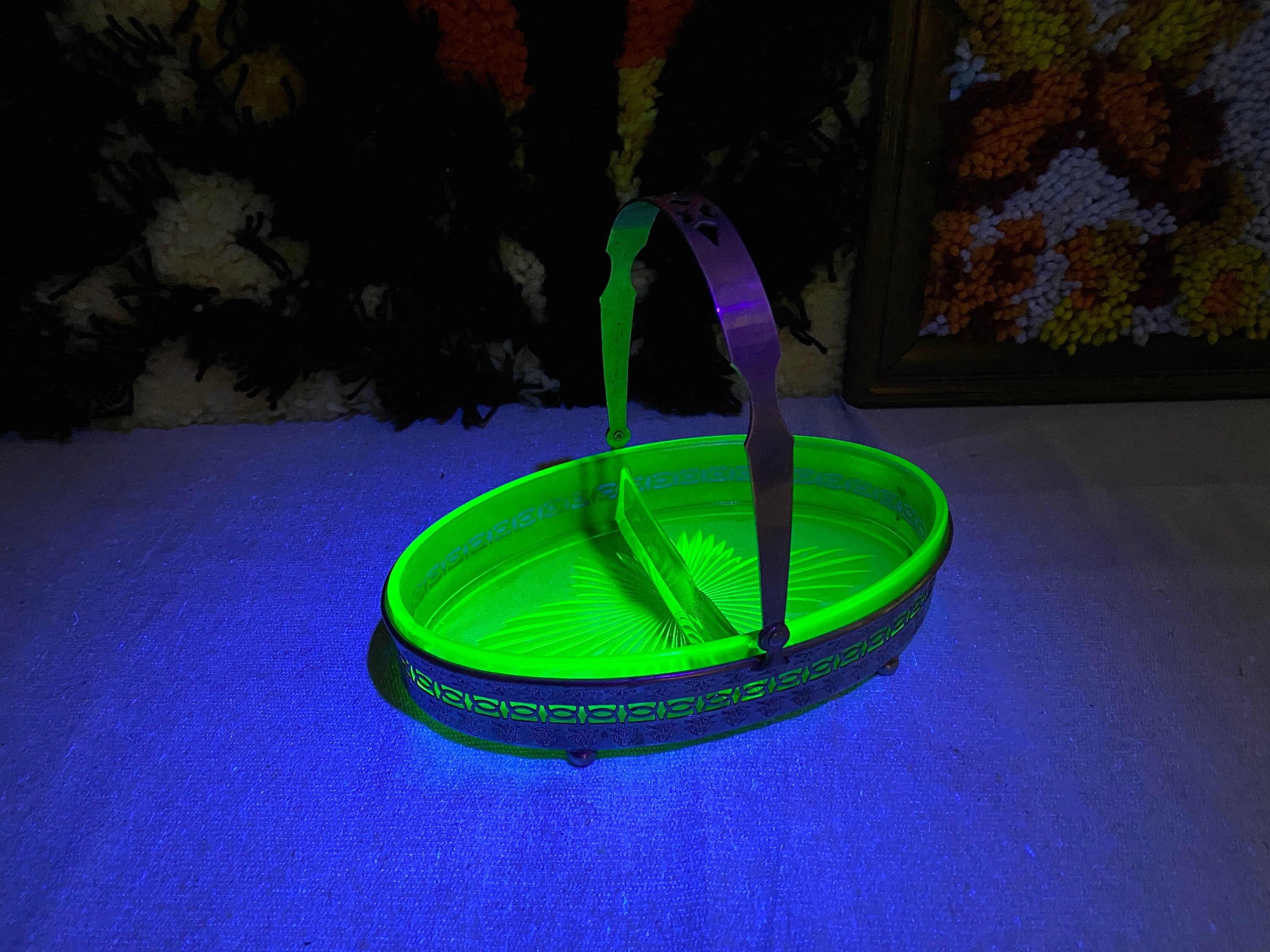 Chipped Vintage Green Uranium Glass Divided Dish With Silver Tone ...