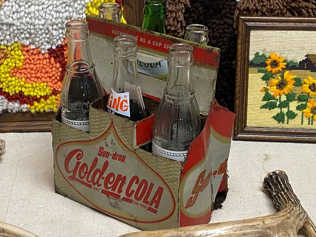 Vintage Sun Drop Golden Cola Carrier and 6 Vintage Glass Soda Bottles ...