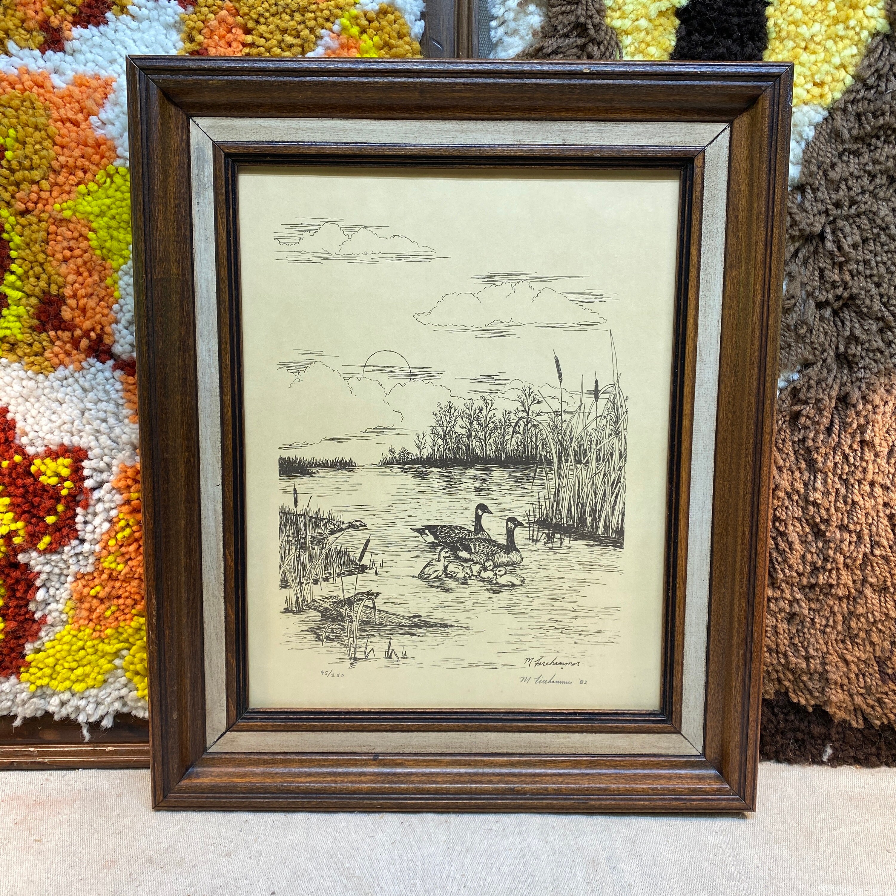 Vintage M. Firehammer Numbered Lithograph of a Geese Family at Sunset ...