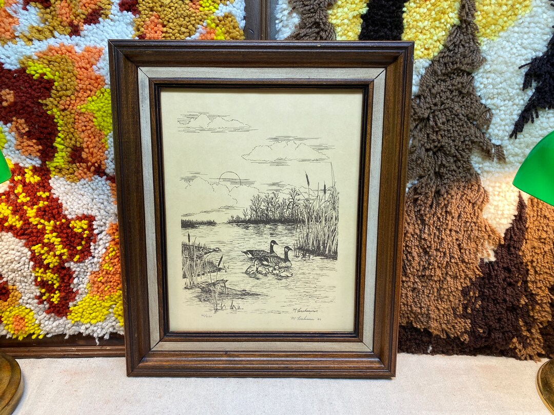 Vintage M. Firehammer Numbered Lithograph of a Geese Family at Sunset ...