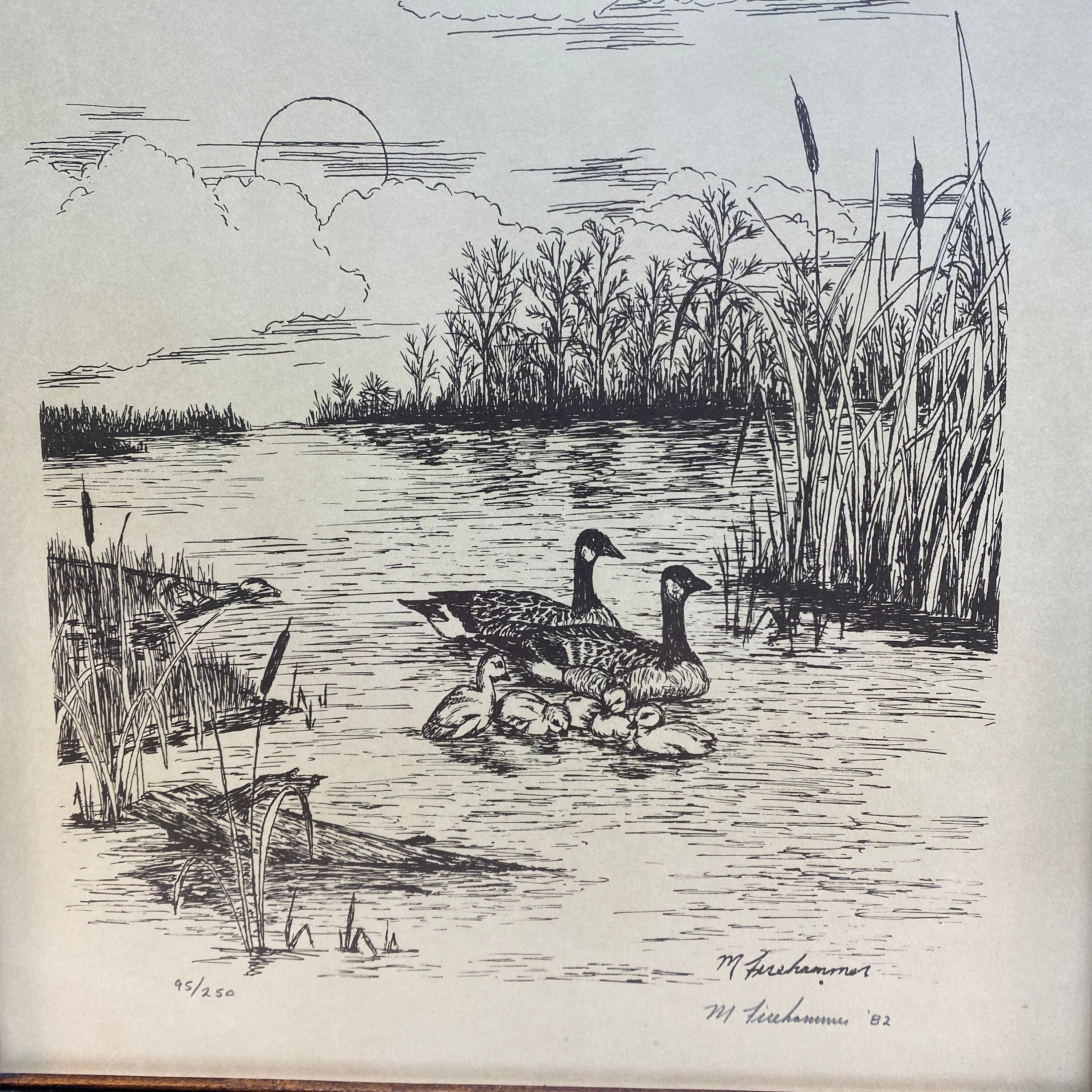 Vintage M. Firehammer Numbered Lithograph of a Geese Family at Sunset ...