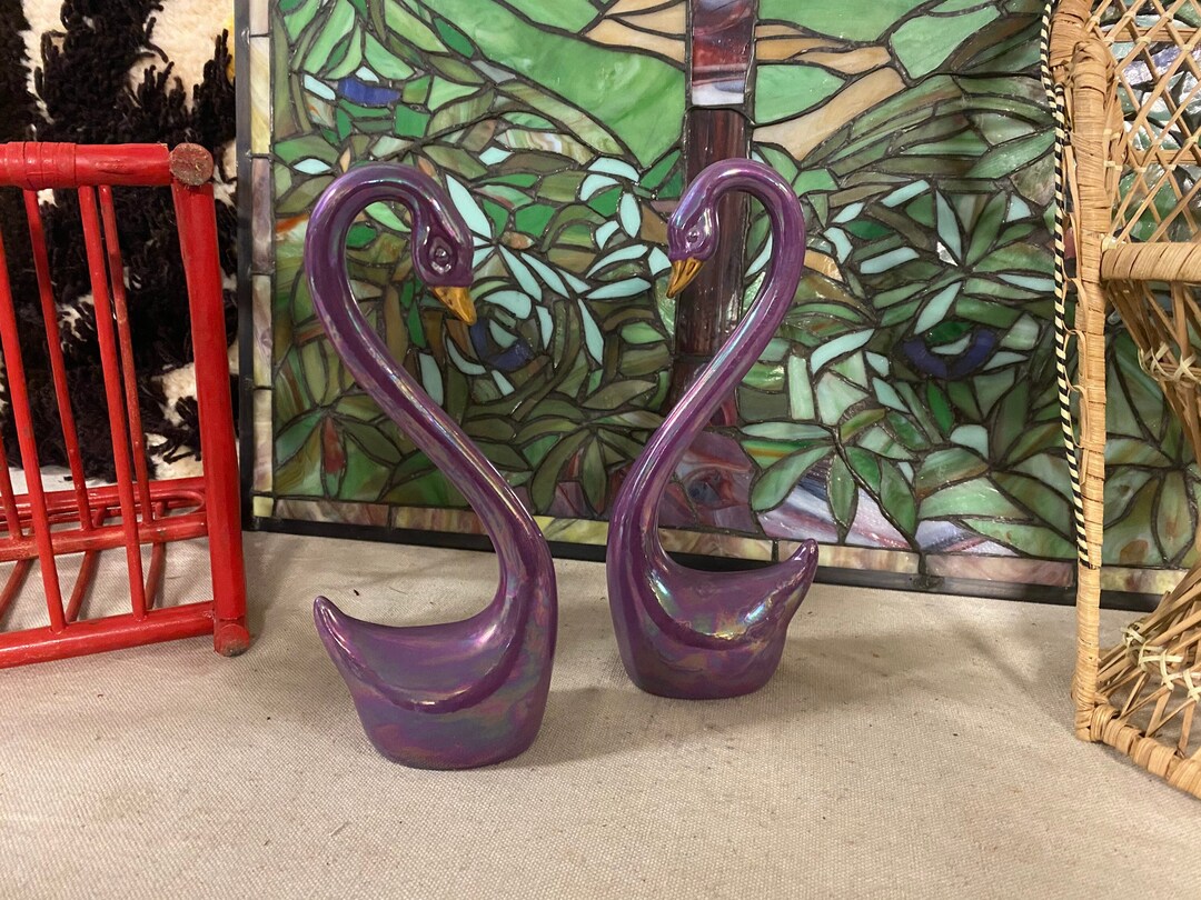 Pair of Purple Iridescent Ceramic Swans - Etsy
