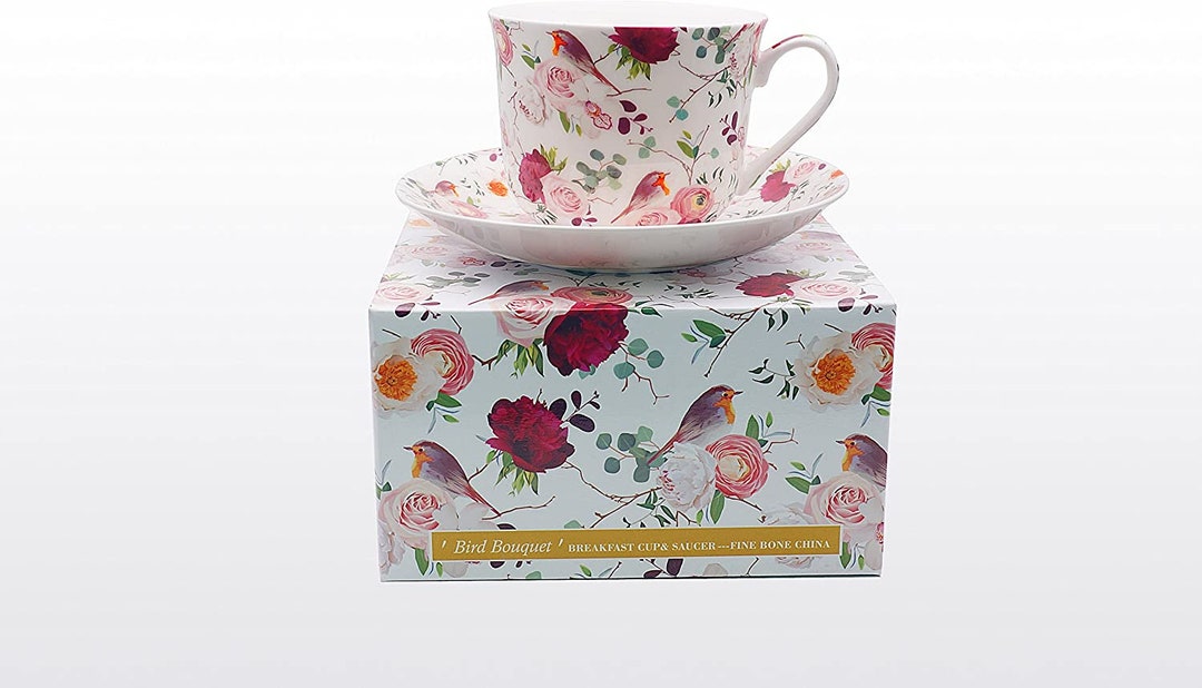 Fine Bone China Breakfast Cup and Saucer Bird Bouquet Design - Etsy
