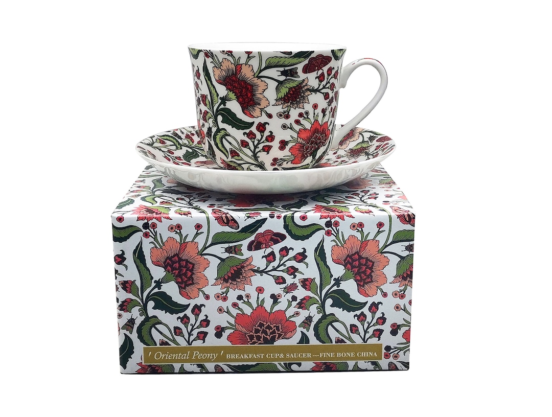 Fine Bone China Breakfast Cup and Saucer Oriental Peony Design - Etsy UK
