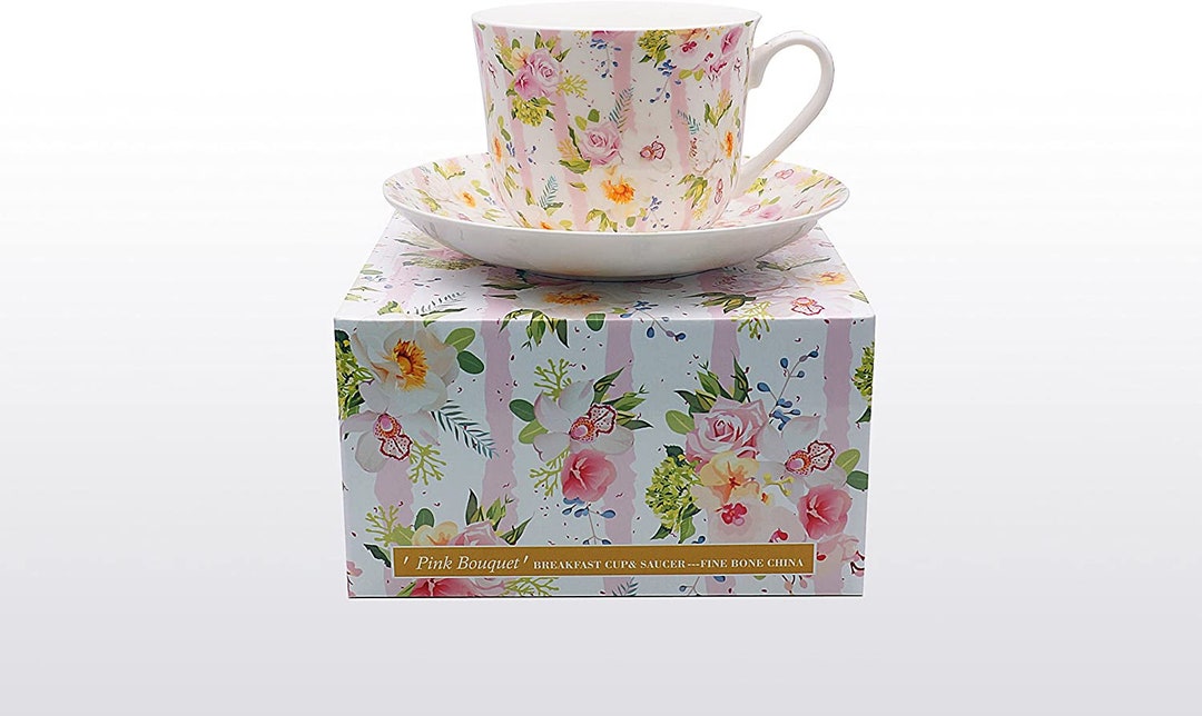 Fine Bone China Breakfast Cup and Saucer Pink Bouquet Design - Etsy
