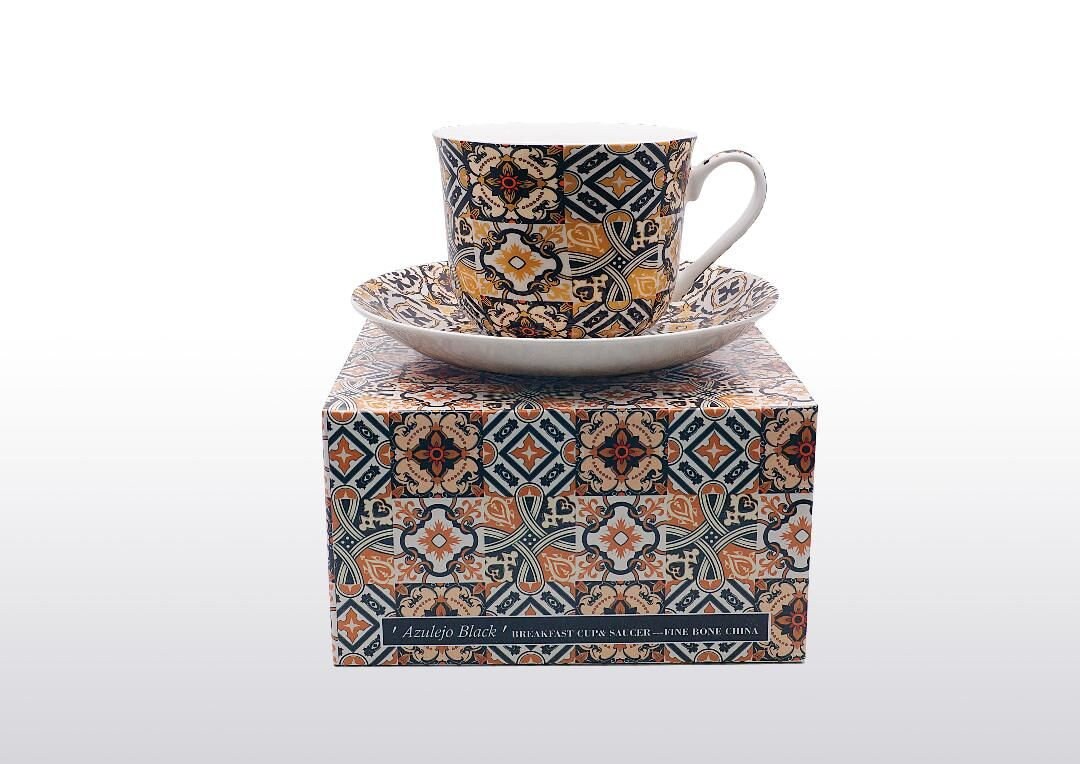Fine Bone China Breakfast Cup and Saucer Black Azulejo Design - Etsy UK