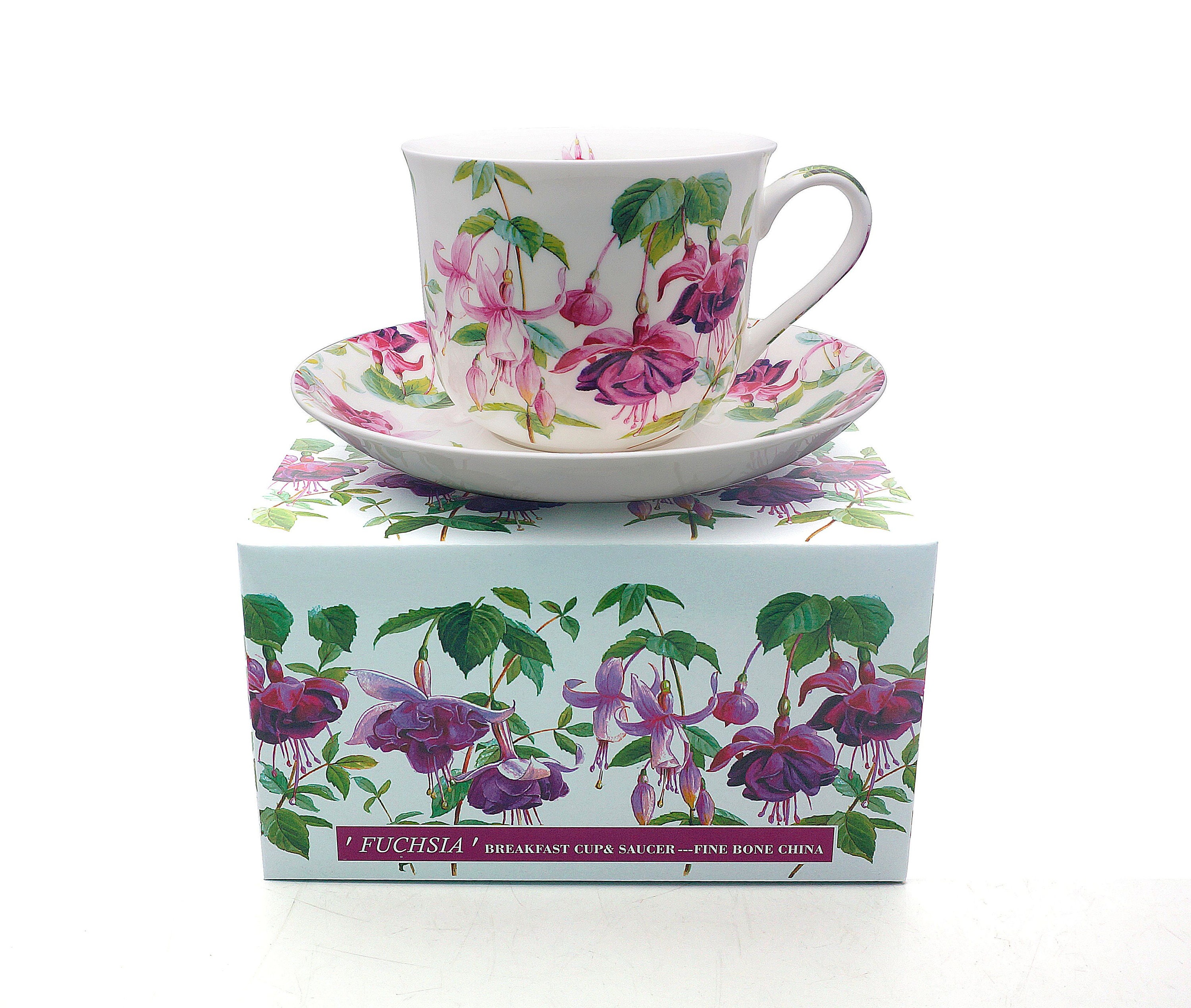 Fine Bone China Breakfast Cup and Saucer Fuchsia Design - Etsy UK