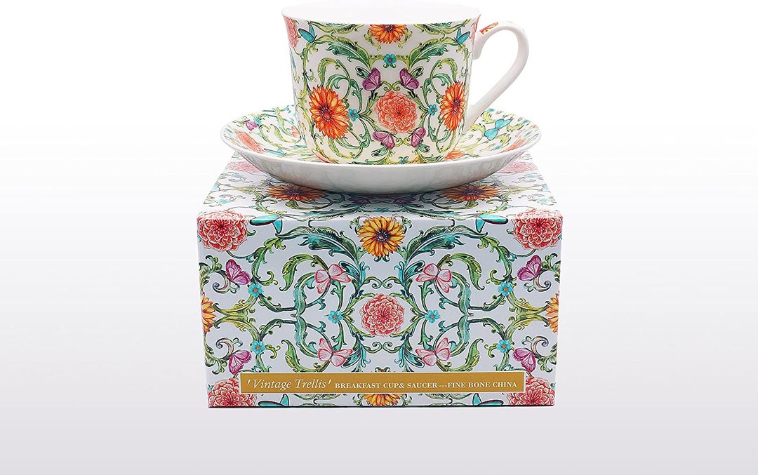 Fine Bone China Breakfast Cup and Saucer Vintage Trellis Design - Etsy UK