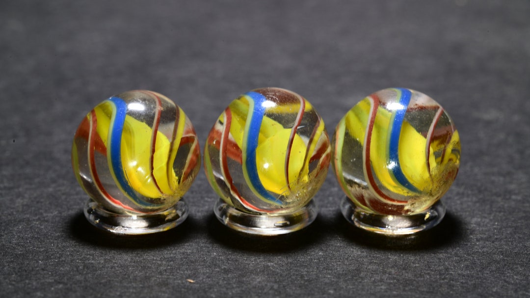 3 Solid Core Marbles, German Antique Handmade. Zingy Lemon Same Cane ...