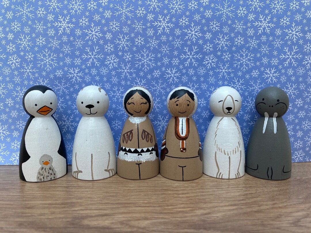 Inuit and Arctic Animals, Peg Dolls, Winter Playset, Wooden Snow Animal ...
