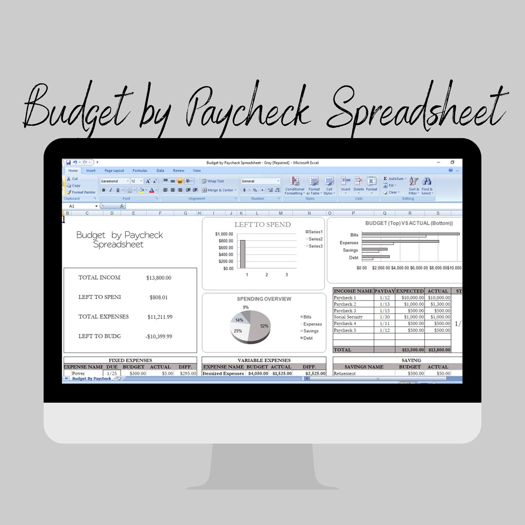 Grey Color Paycheck Spreadsheet Budget by Paycheck Spreadsheet Excel ...