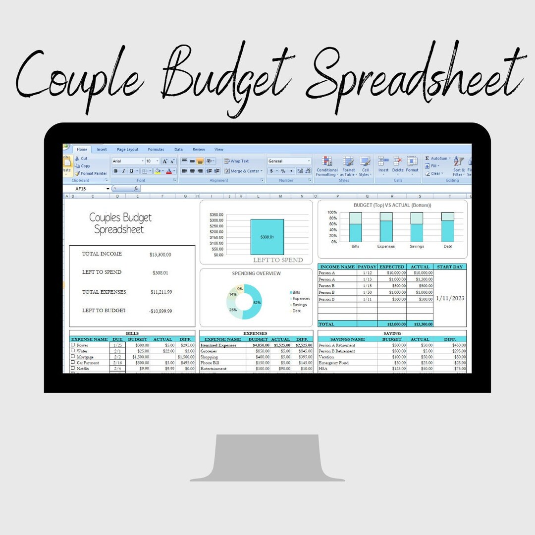 Aqua Couples Budget Planner Excel Budget Spreadsheet Budget Spreadsheet ...