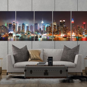 New York Print Multi Panel Canvas Panoramic Framed Print Night City USA ...