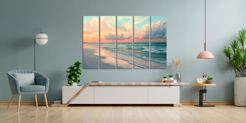 Ocean Beach at Sunset Canvas Wall Art Sea Sunrise Print Pastel Clouds ...