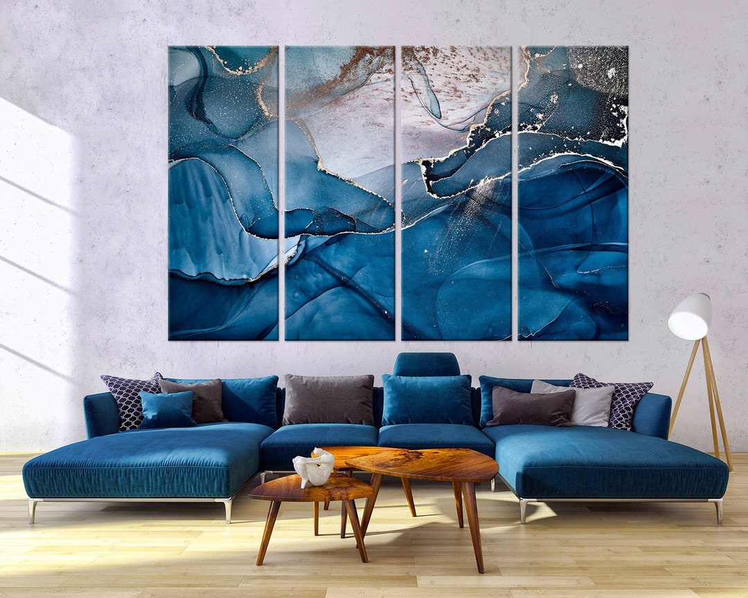 Navy Blue Abstract Painting Trendy Coastal Wall Art Blue Home Decor ...